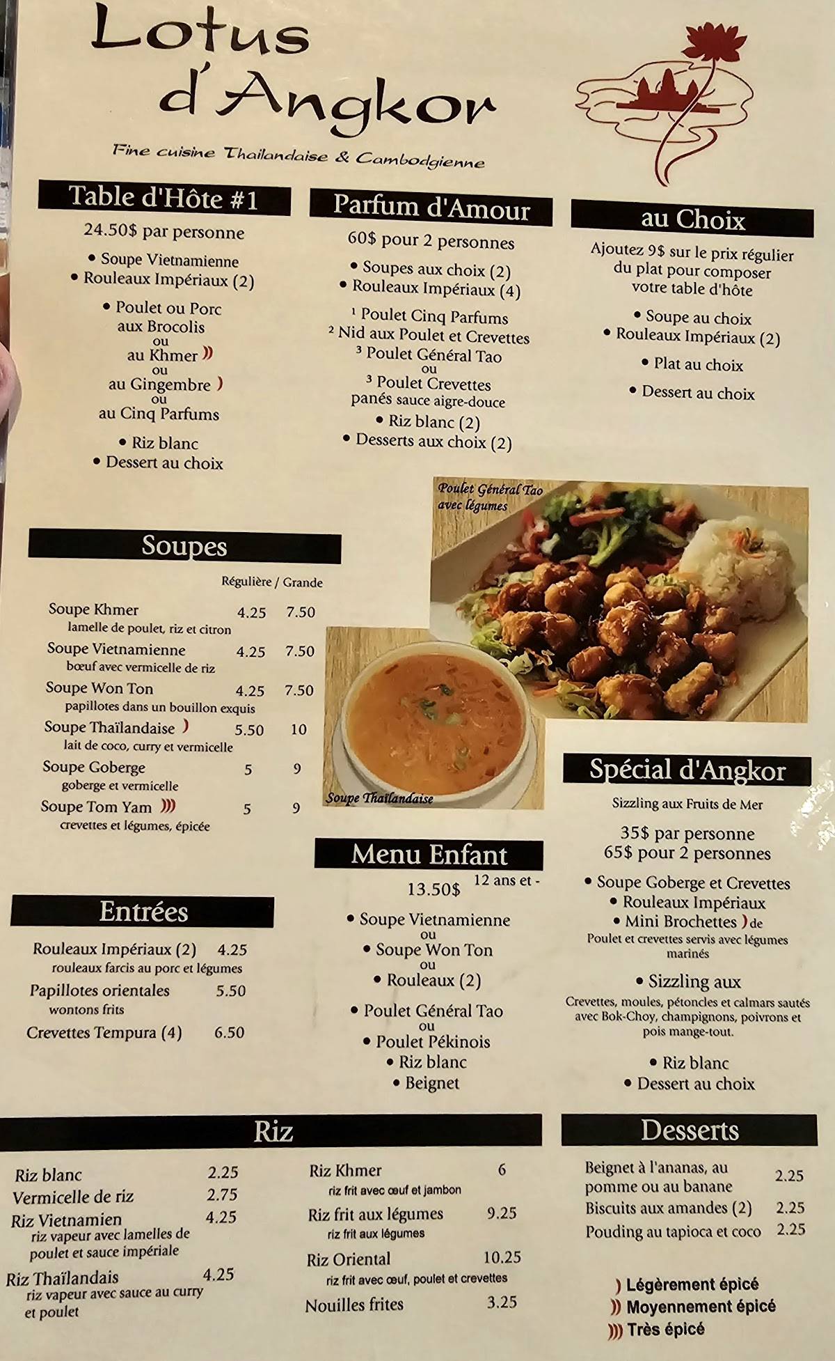 Menu au Lotus D'Angkor restaurant, Québec