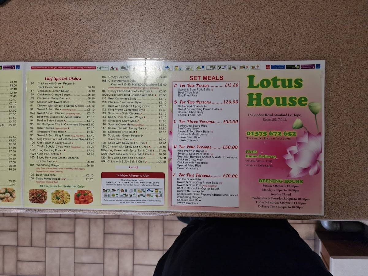 Menu at Lotus House fast food, Stanford-le-Hope