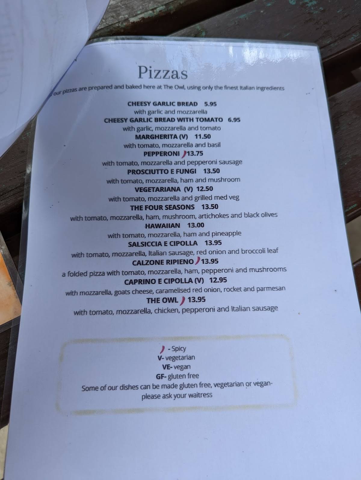 Menu at The Owl pub & bar, Loughton, Lippitts Hill