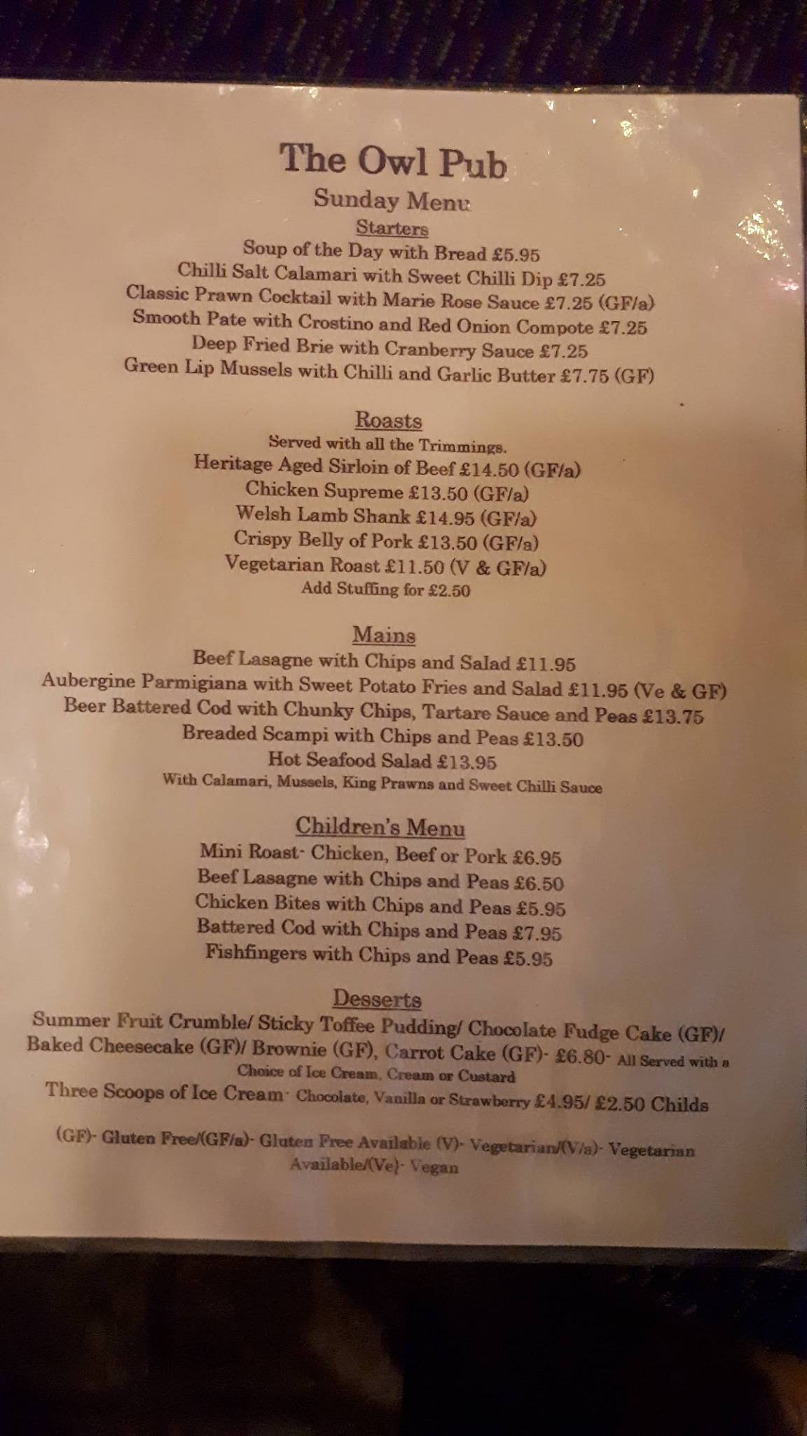 Menu at The Owl pub & bar, Loughton, Lippitts Hill