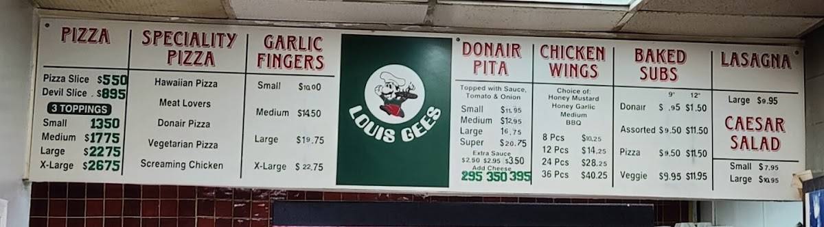 Menu at Louis Gee's Pizza restaurant, Gander