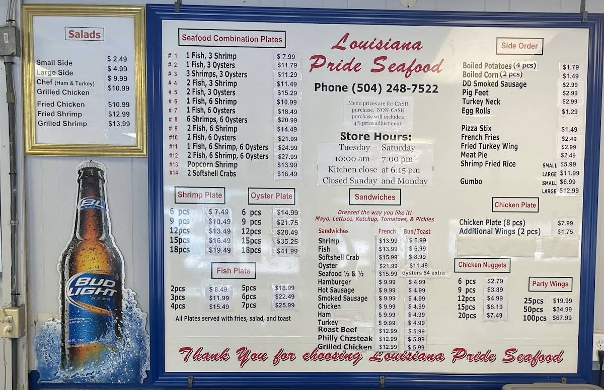 Menu at Louisiana Pride Seafood restaurant, New Orleans