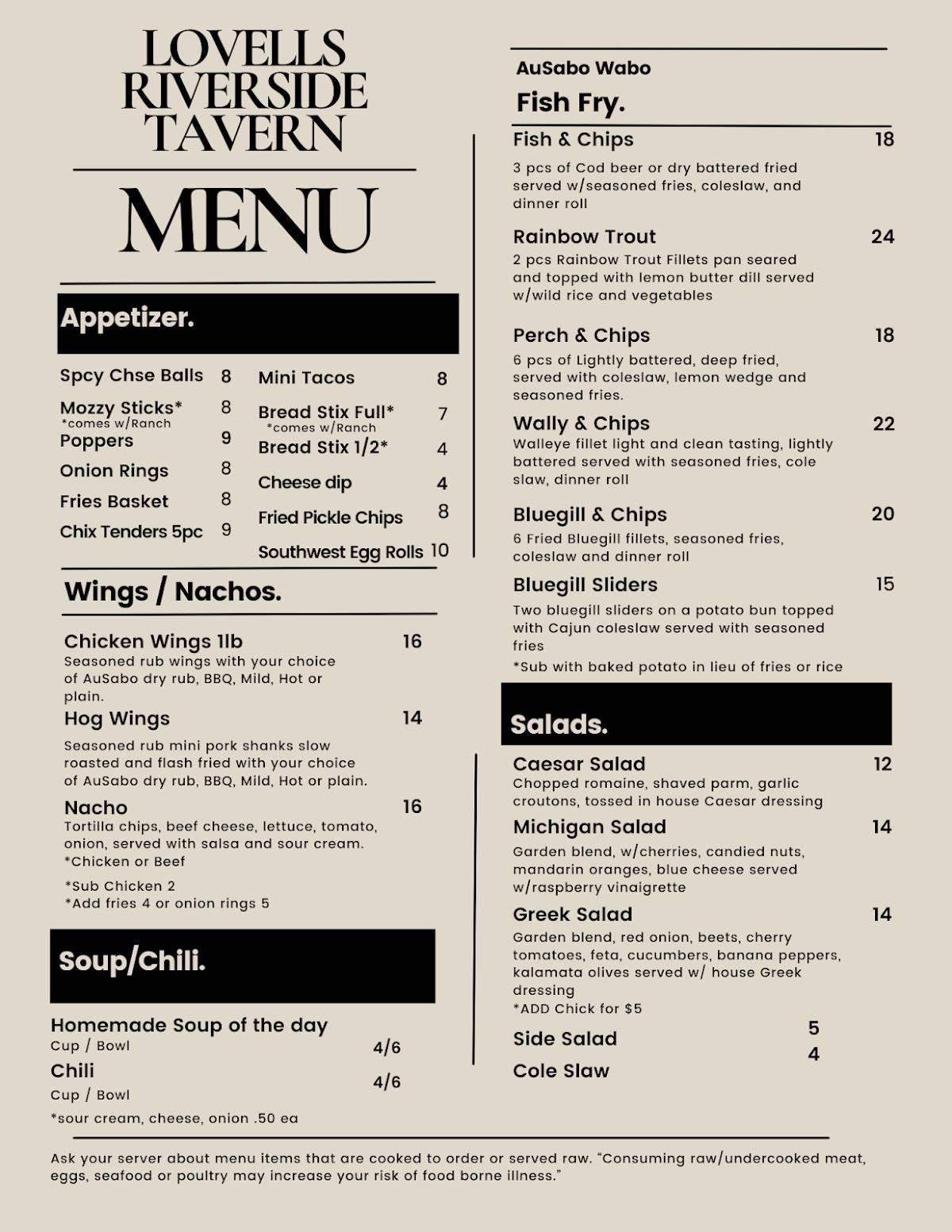 Menu at Lovells Riverside Tavern restaurant, Lovells