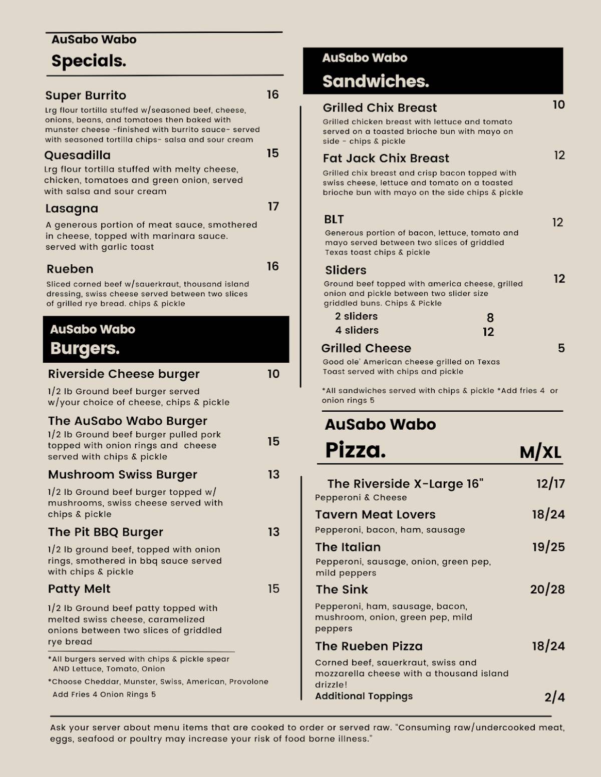 Menu at Lovells Riverside Tavern restaurant, Lovells