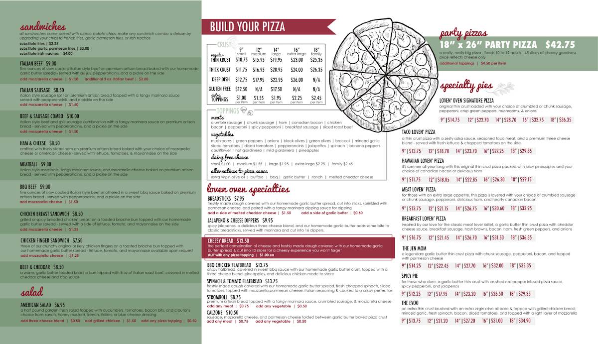Menu at Loven Oven Pizzeria, Lowell
