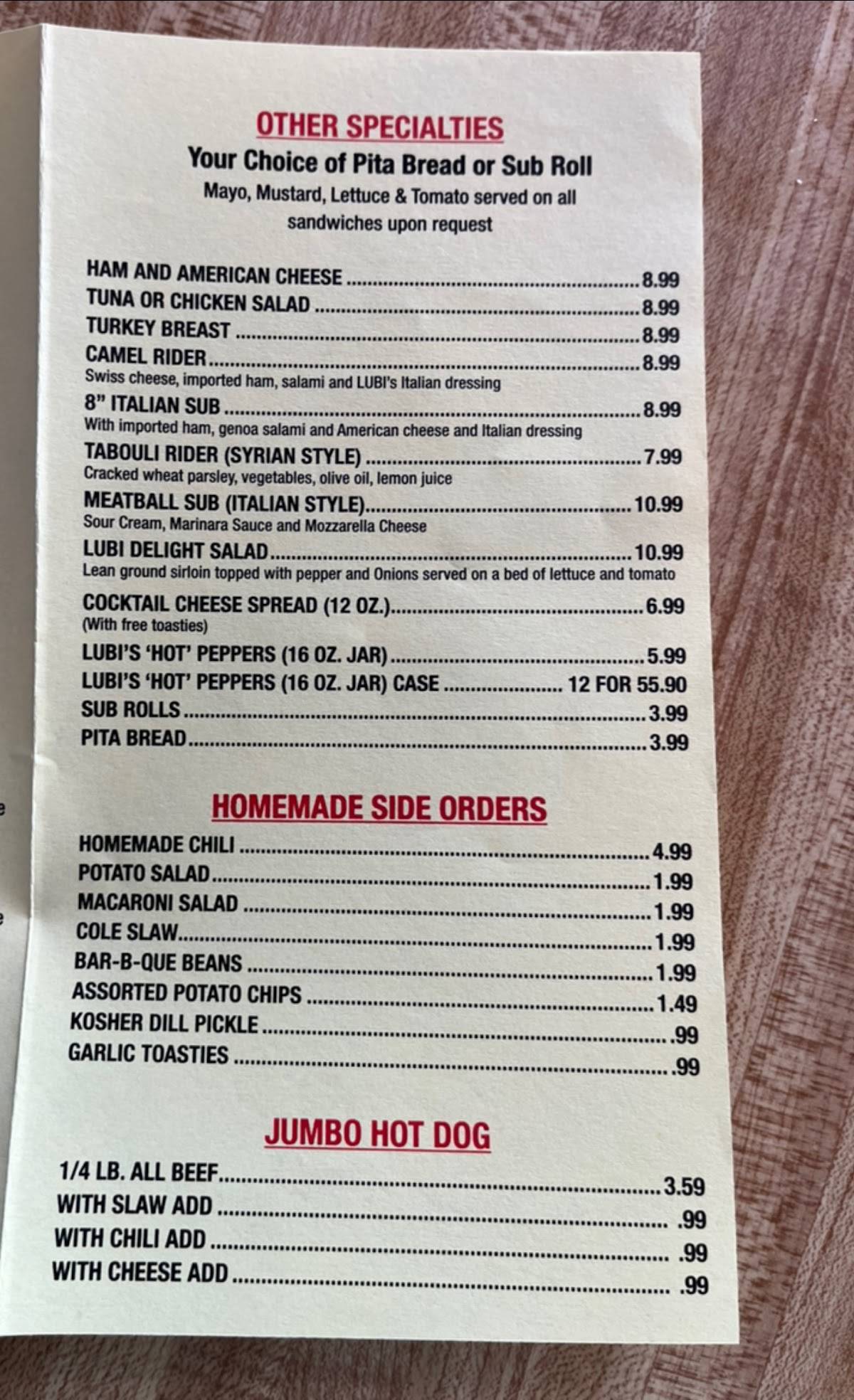 Menu at Lubi's Hot Subs fast food, Jacksonville, Beach Blvd