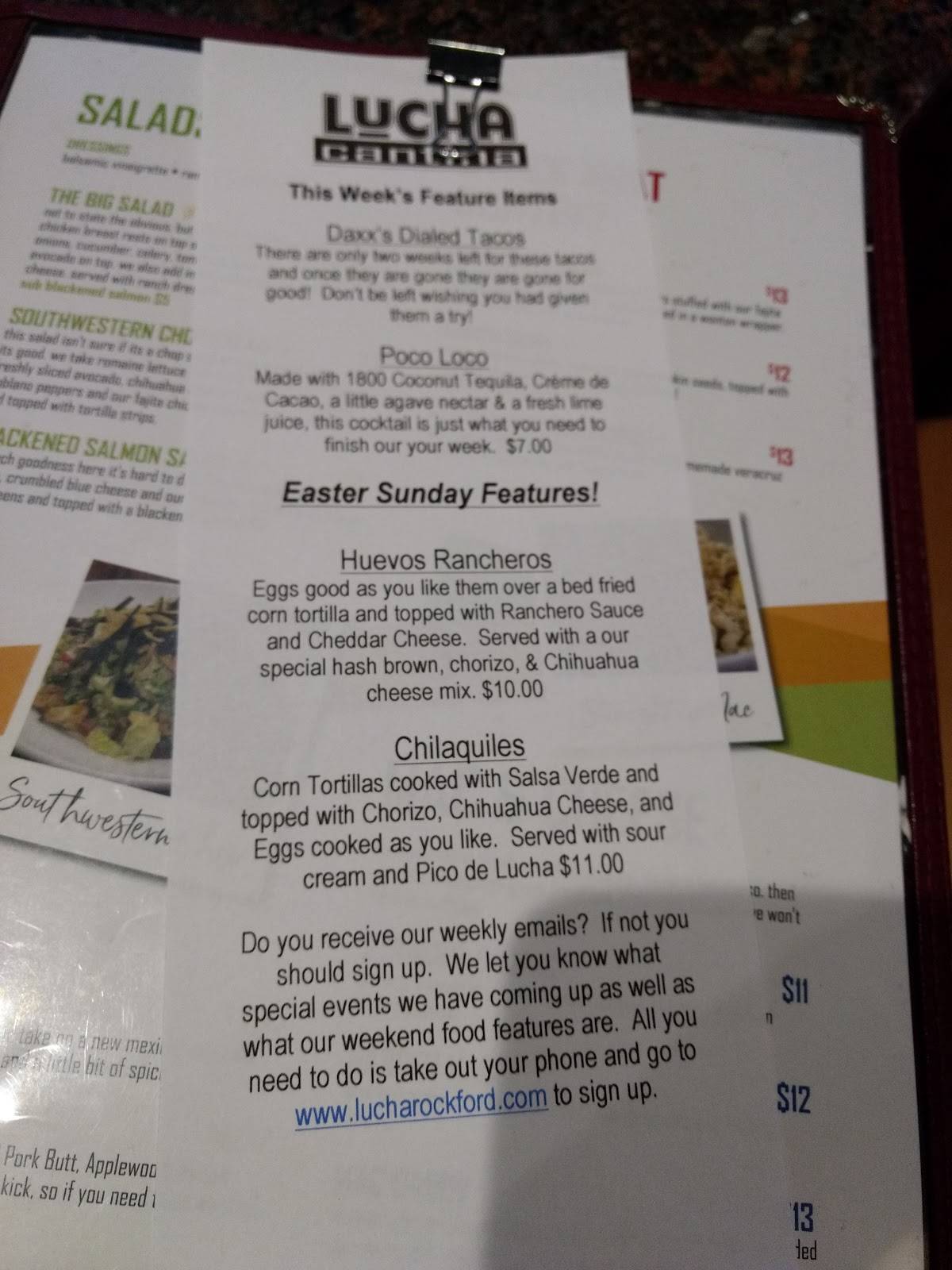 Menu at Lucha Cantina restaurant, Rockford