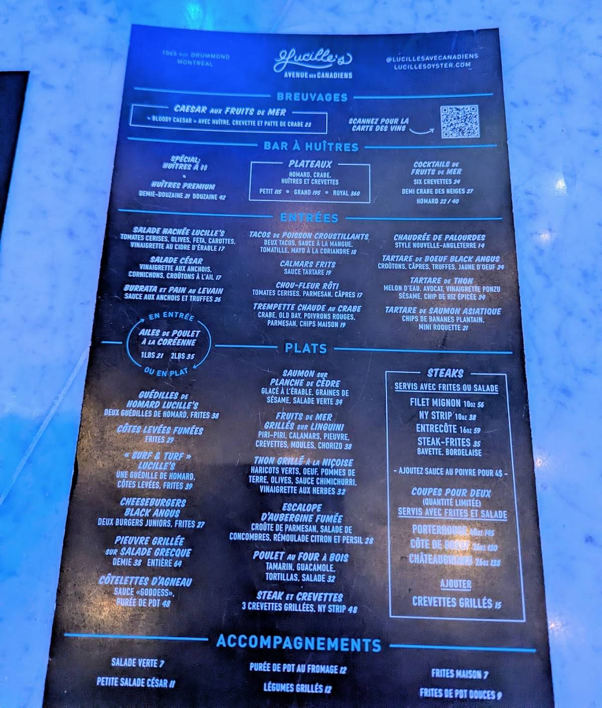 Menu au Lucille's Avenue des Canadiens restaurant, Montréal