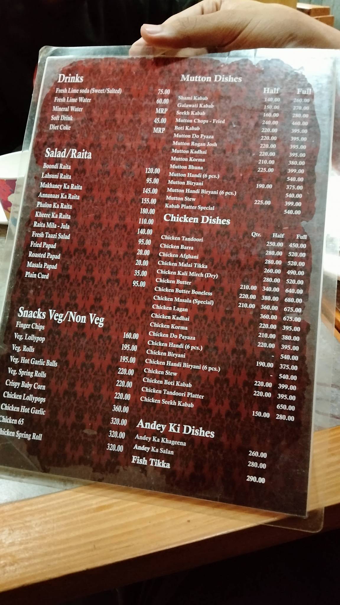 Menu at The Awadh's Dastarkhwan, Lucknow