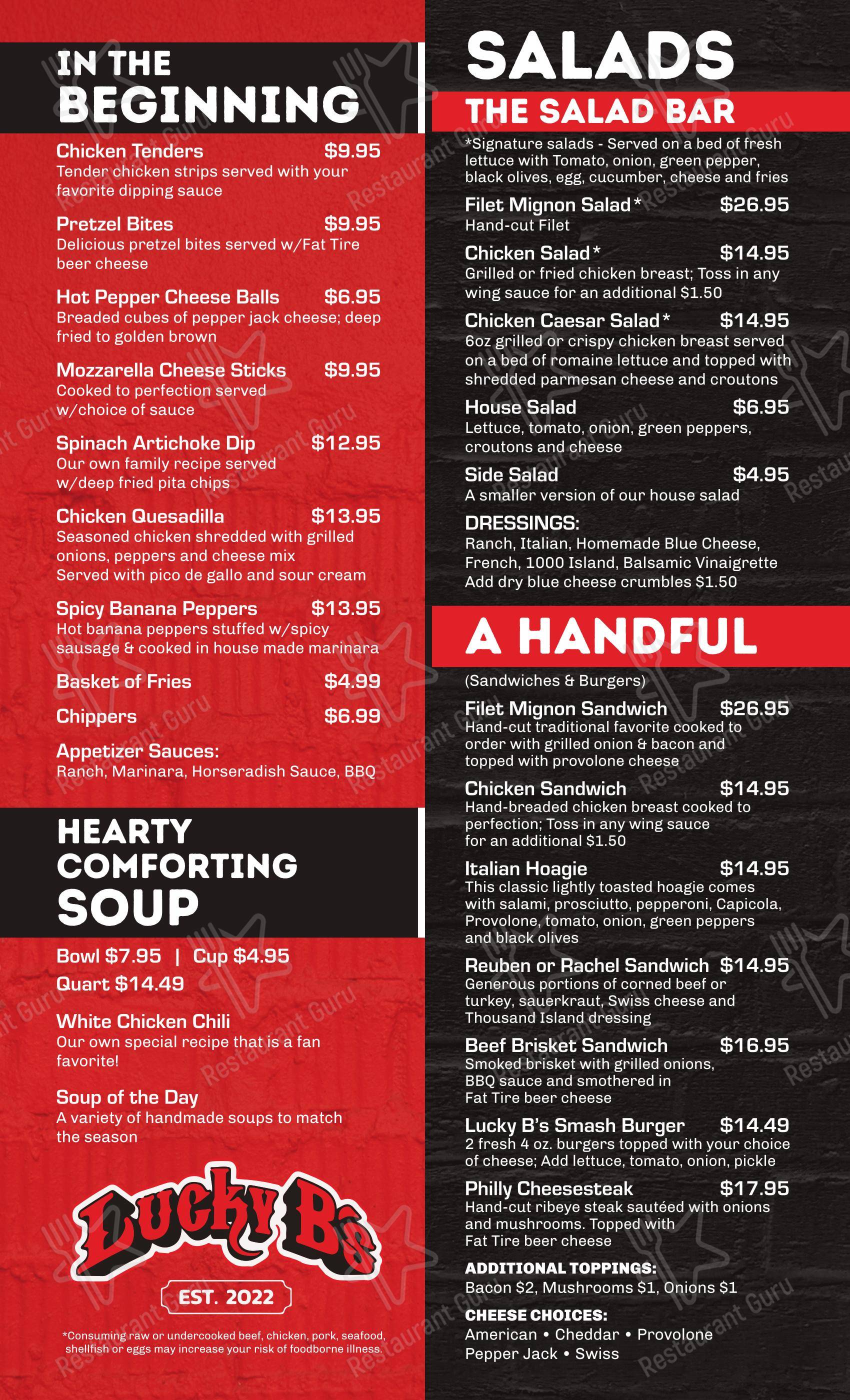 Menu at Lucky B's pizzeria, Latrobe