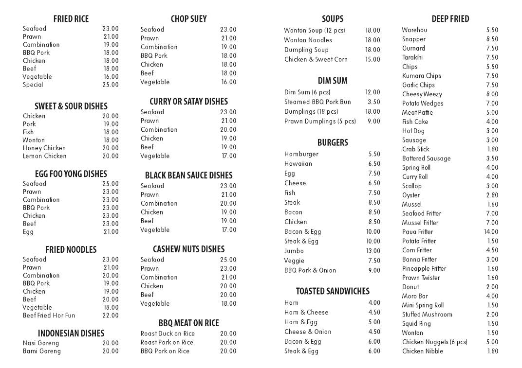 Menu at Lucky Star Fast Food, Taupo