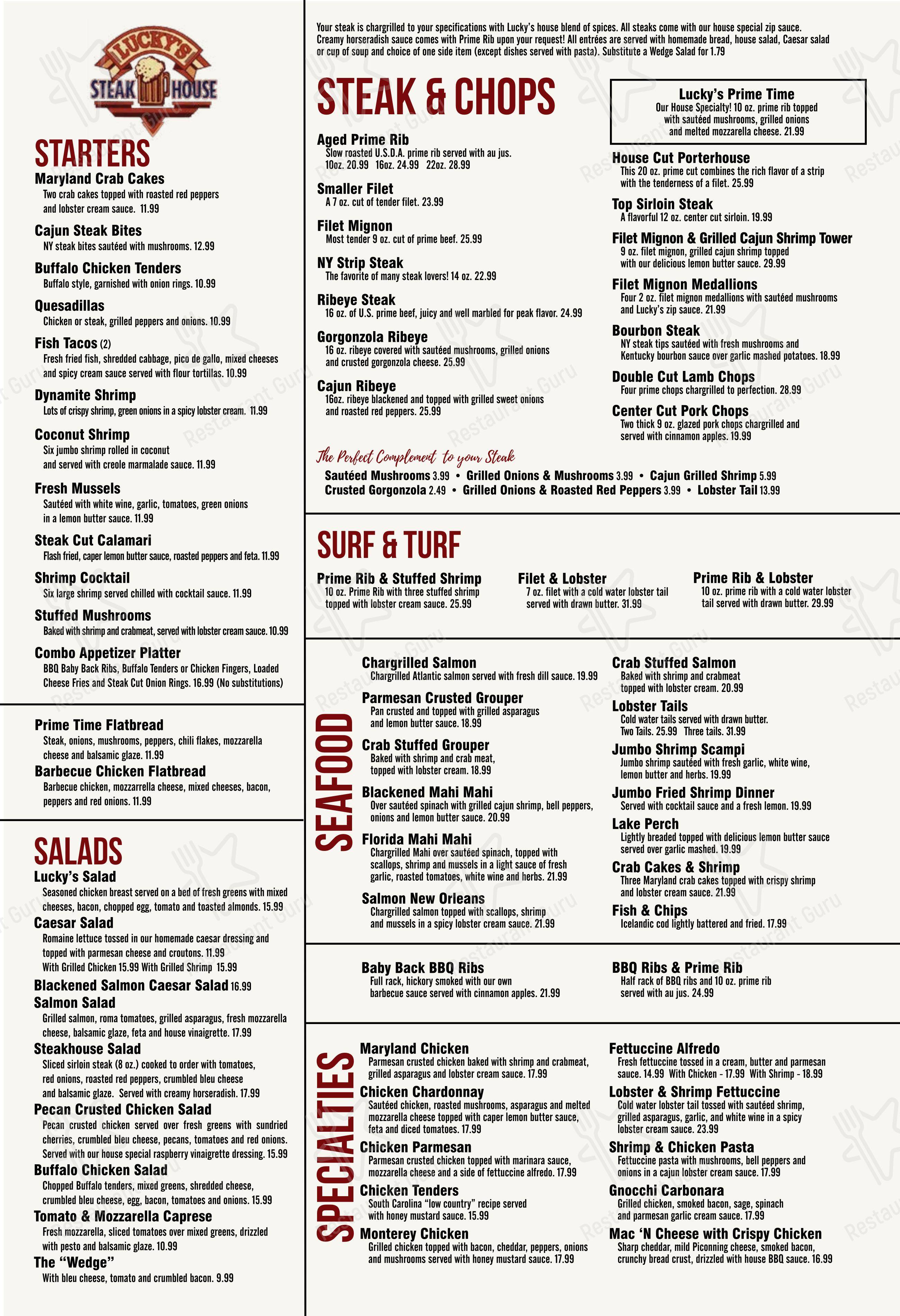 Menu at Lucky's Steakhouse, Bay City