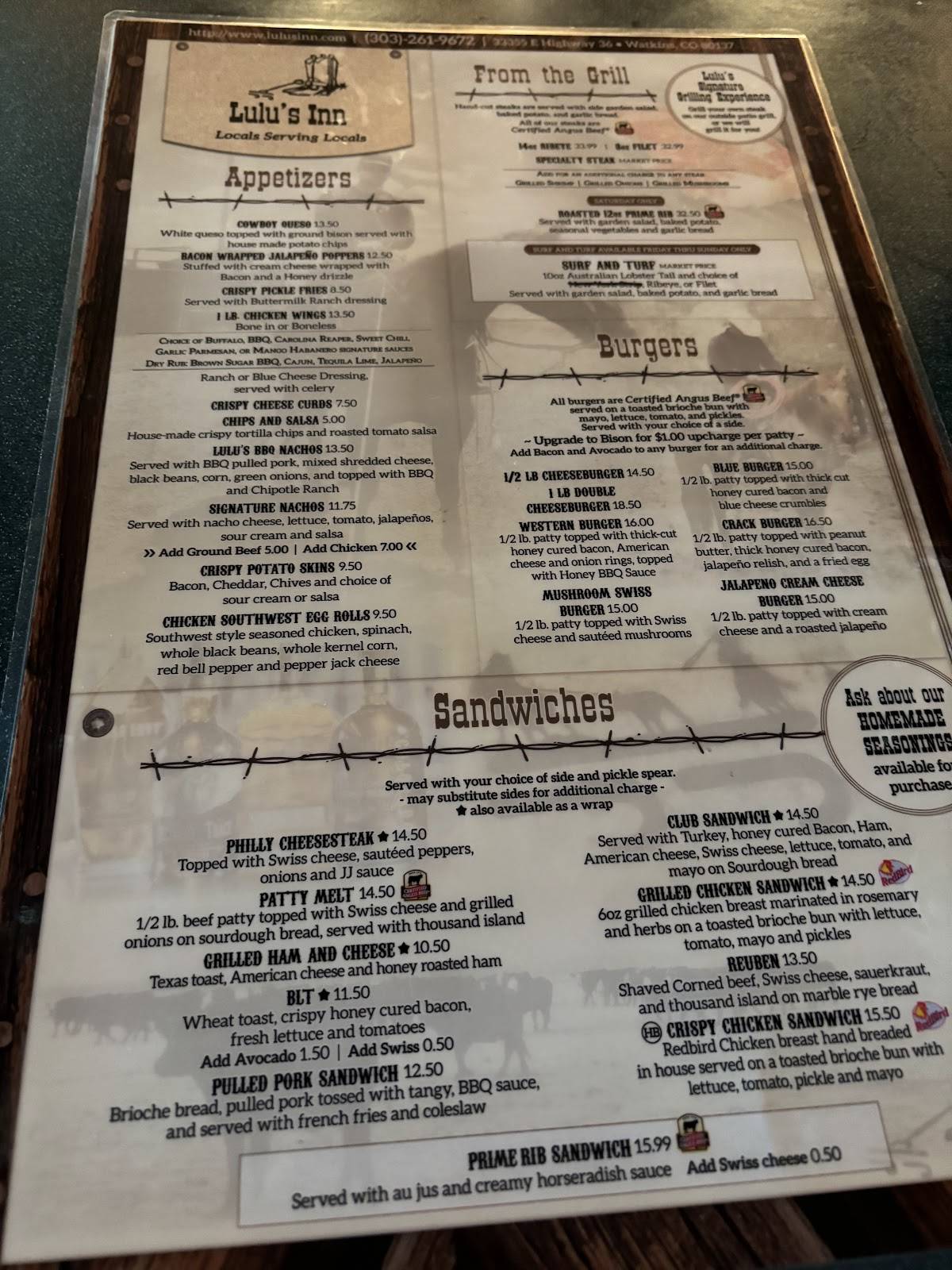 Menu at Lulu's Inn restaurant, Watkins