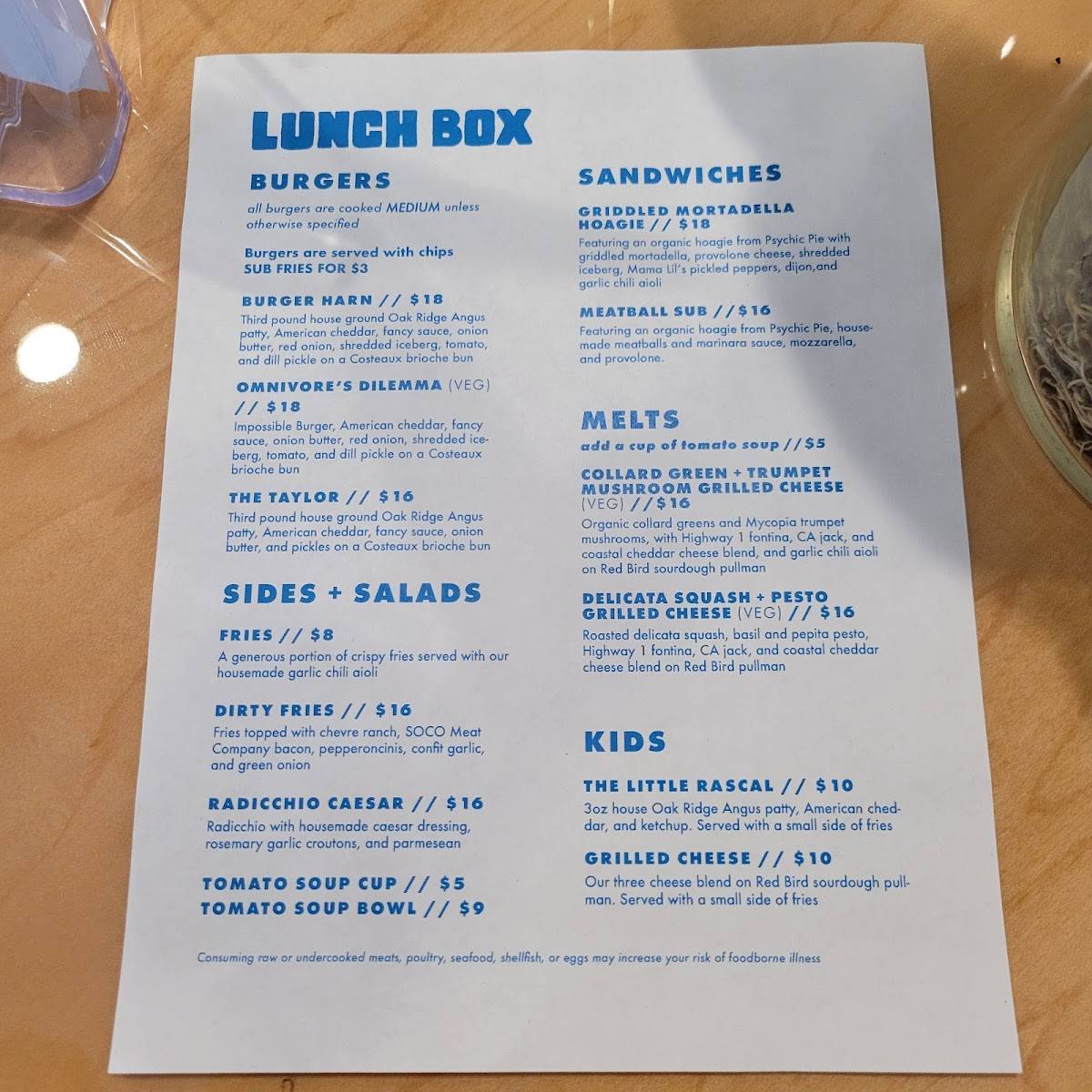 Menu at Lunch Box restaurant, Sebastopol