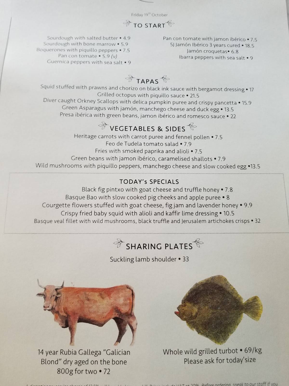 Menu at Lurra restaurant, London