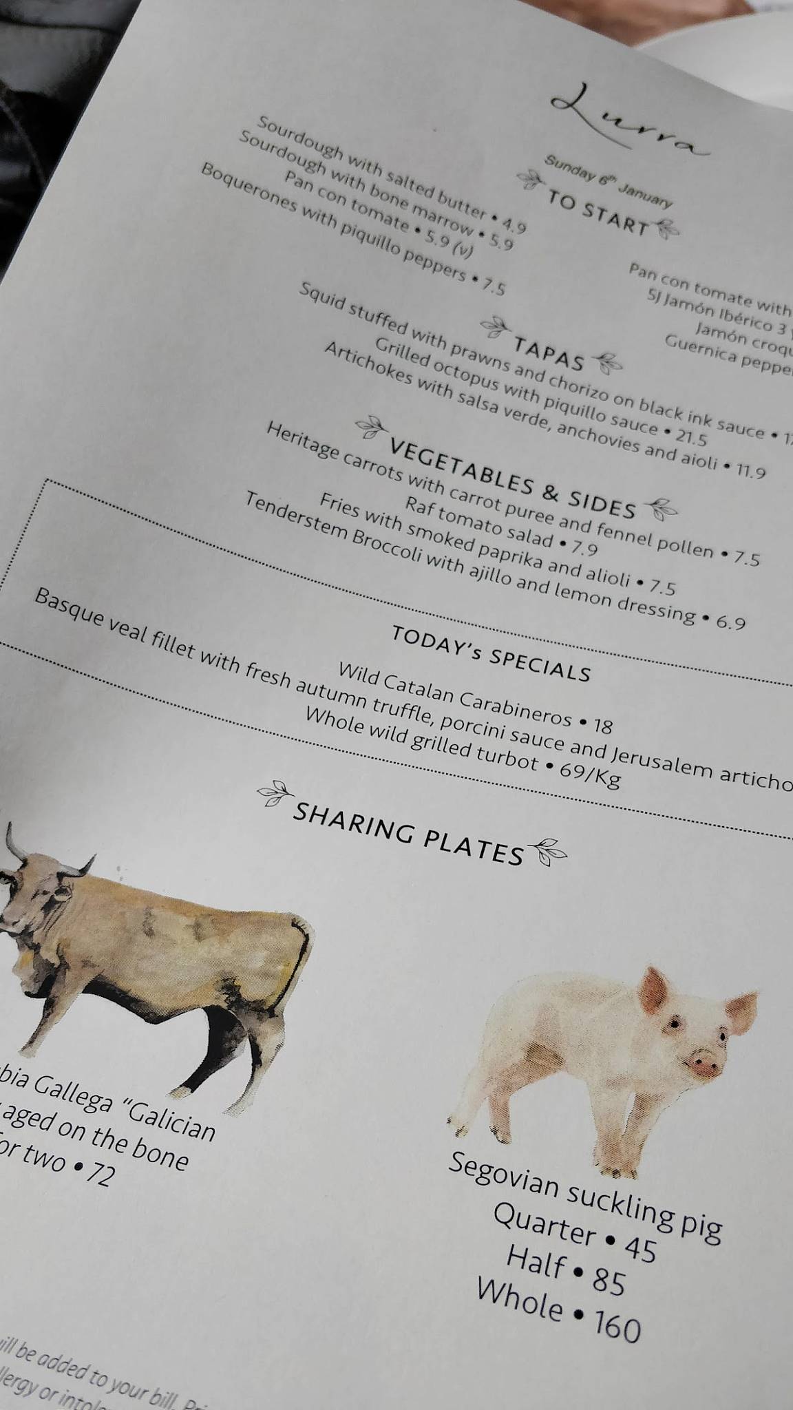 Menu at Lurra restaurant, London