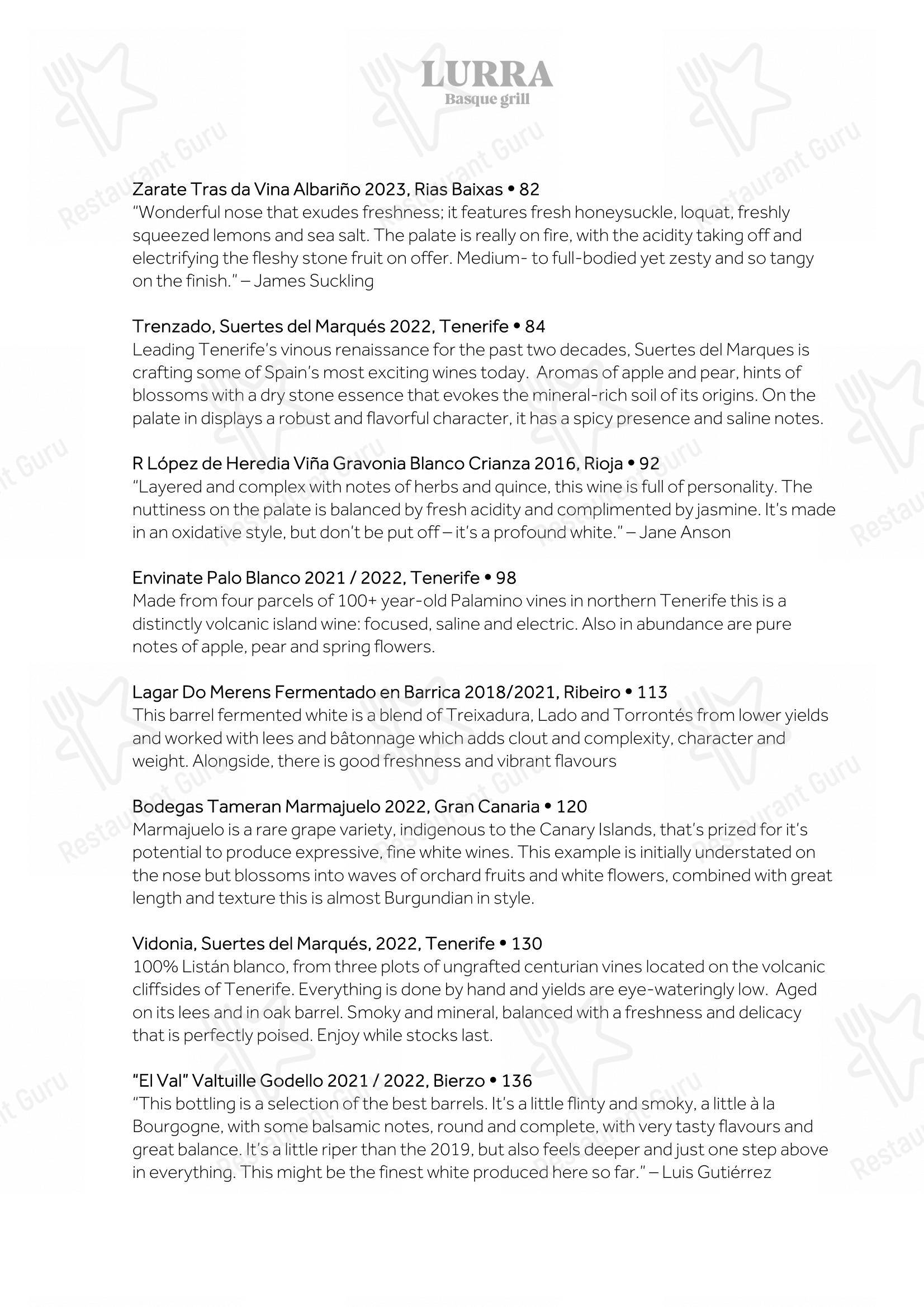 Menu at Lurra restaurant, London