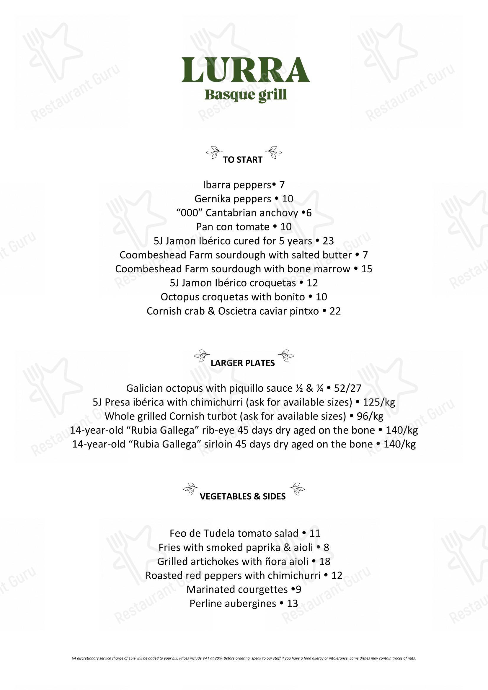 Menu at Lurra restaurant, London