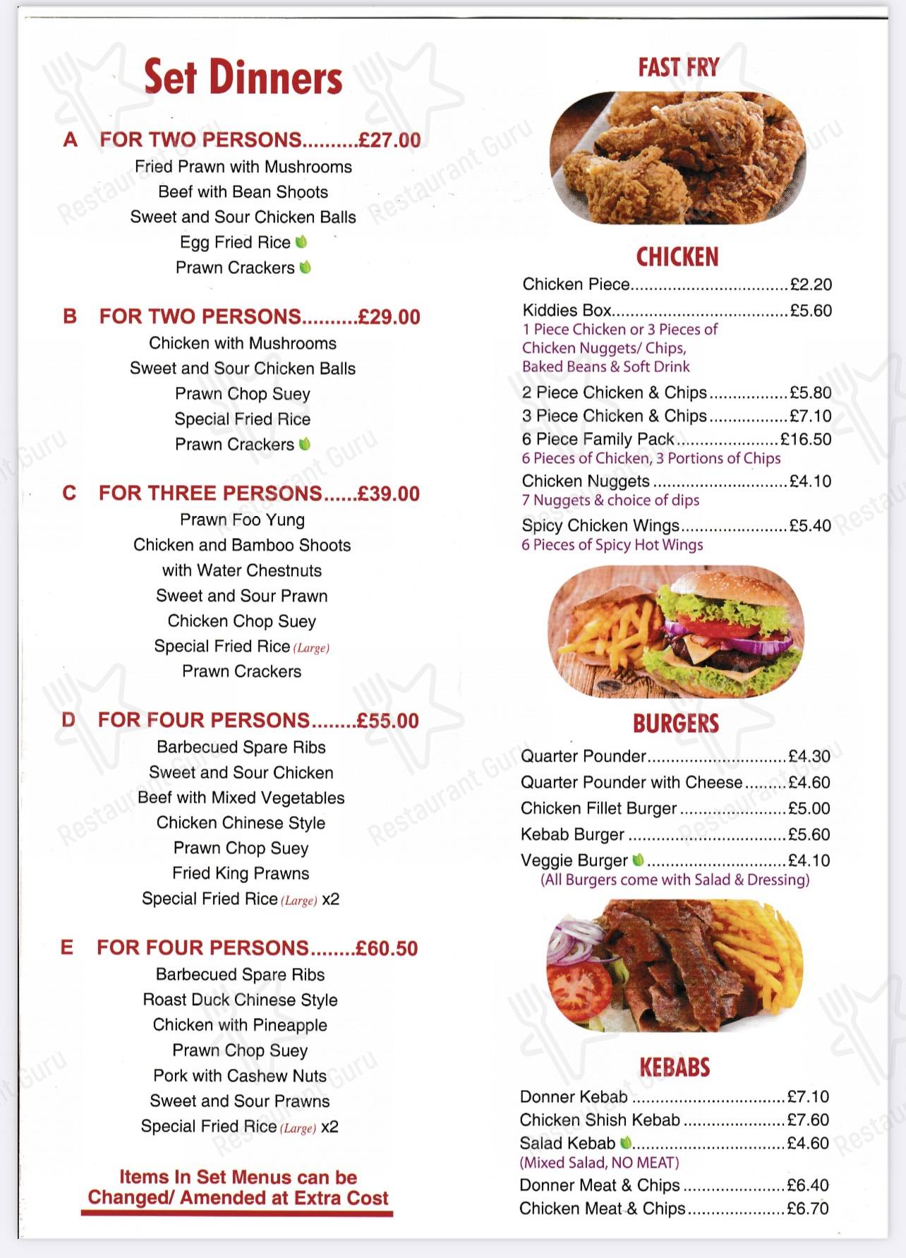 Menu at Corner House fast food, Luton