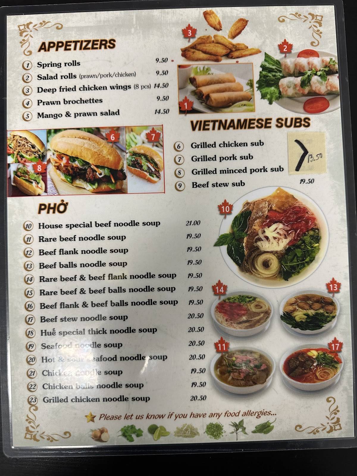 Menu at Lvy Vietnamese Pho restaurant, Williams Lake