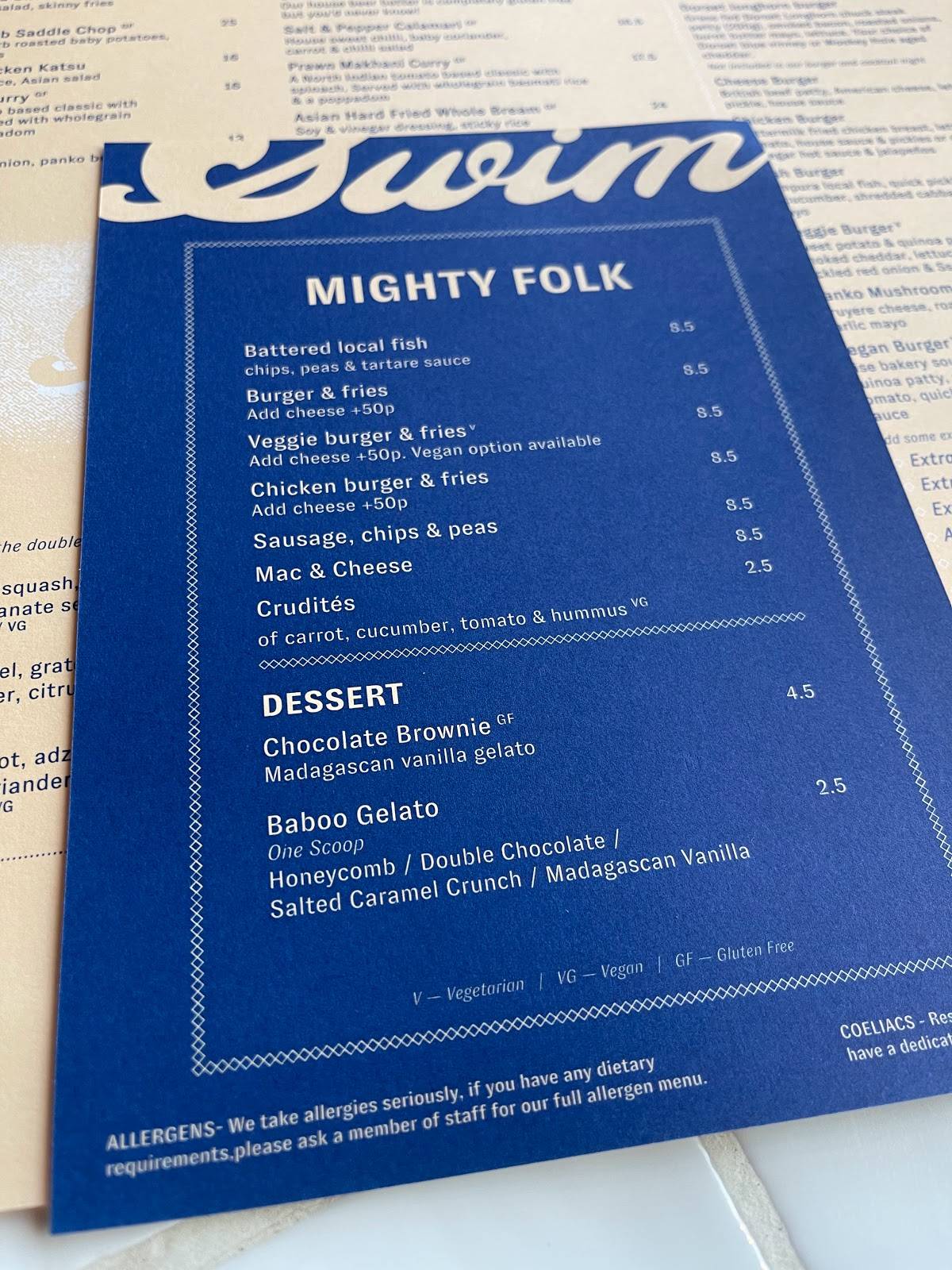 Menu at Swim restaurant, Lyme Regis