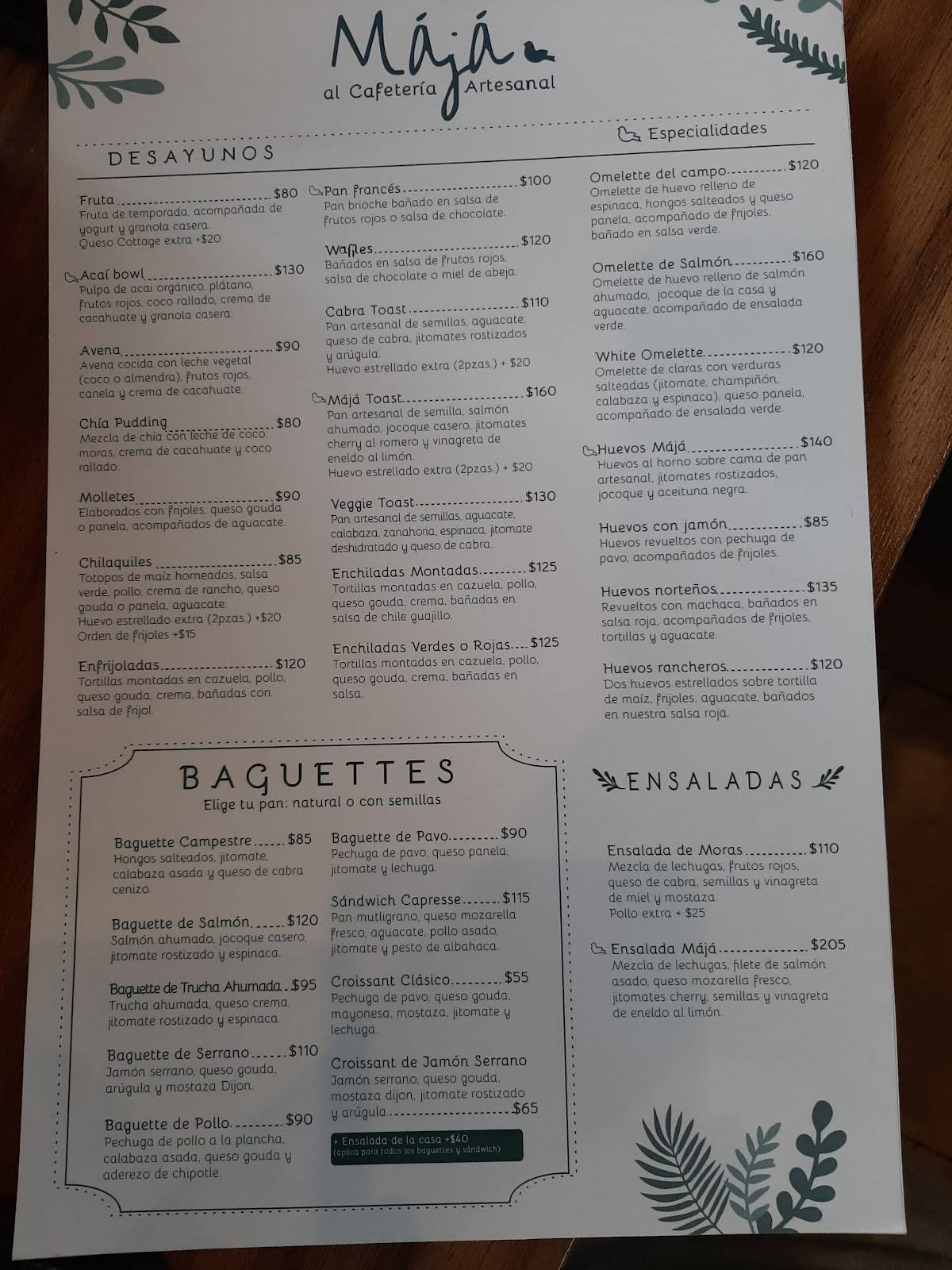 Carta de Májá Cafetería Artesanal, Valle de Bravo