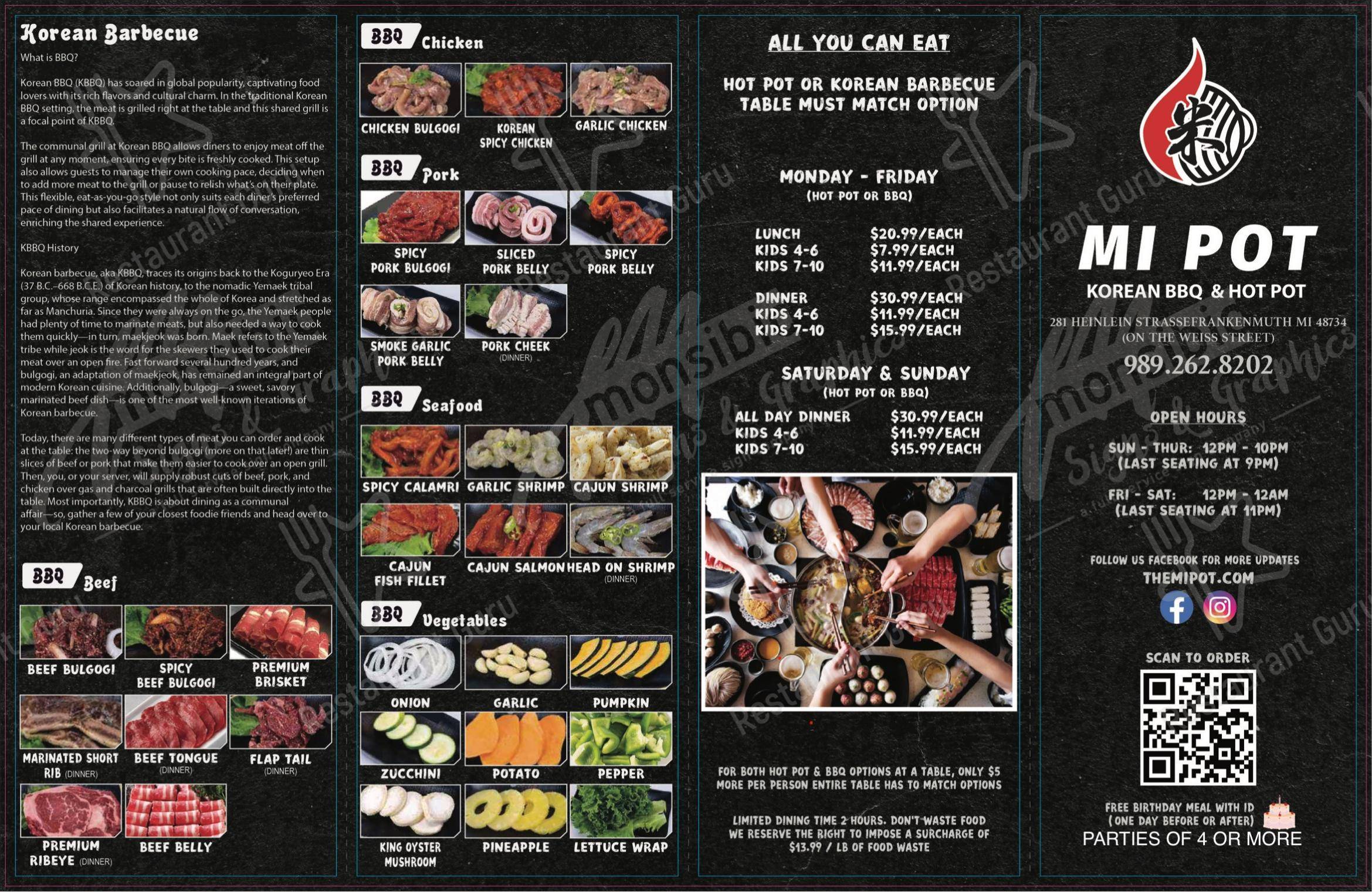 Menu at MI Pot Korean BBQ and Hot Pot, Frankenmuth