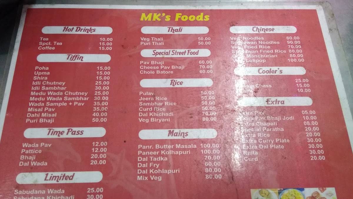 Menu at MK's Foods, Pune