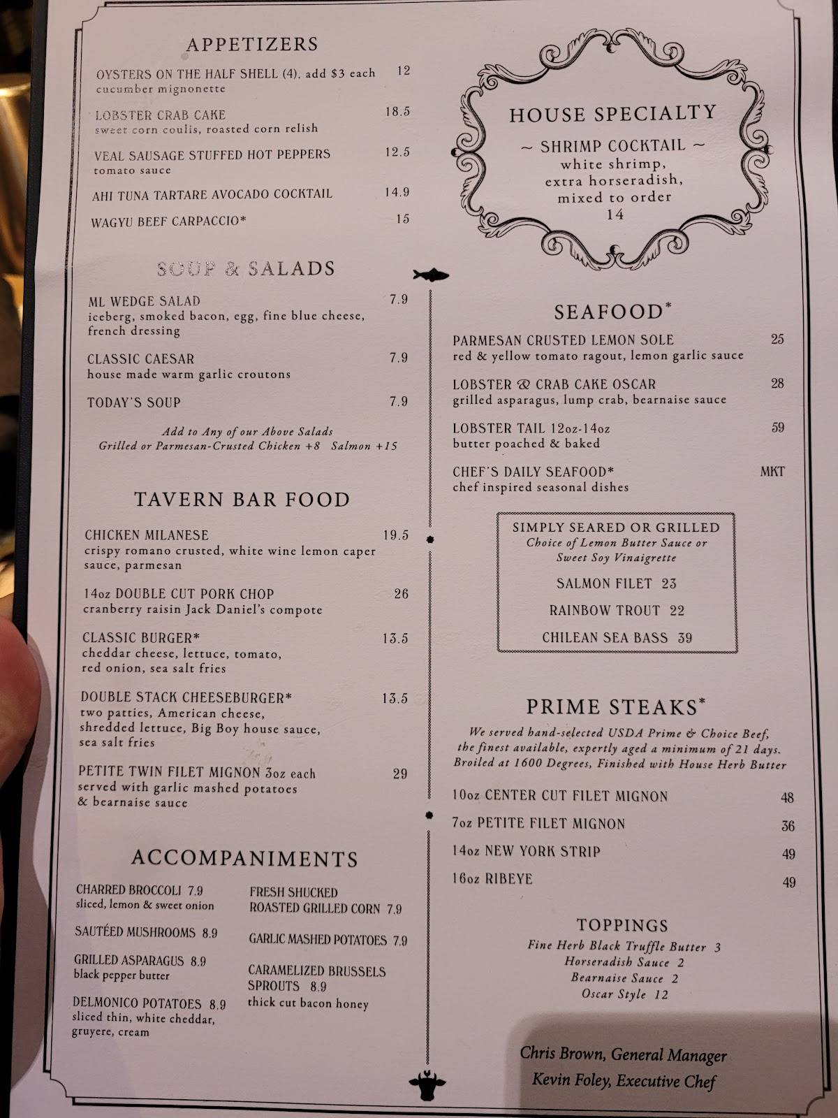 Menu at ML Tavern pub & bar, Moreland Hills