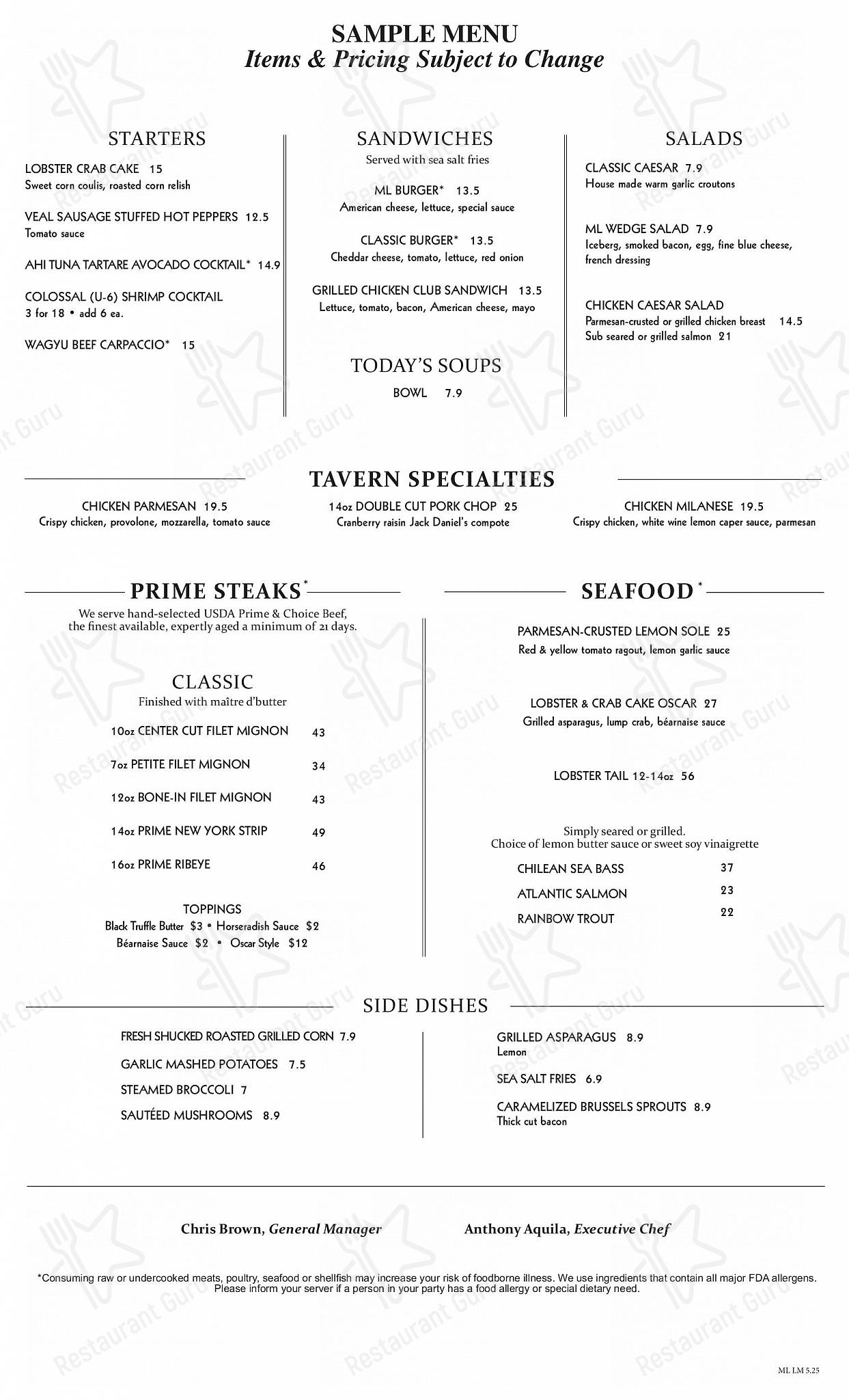 Menu at ML Tavern pub & bar, Moreland Hills