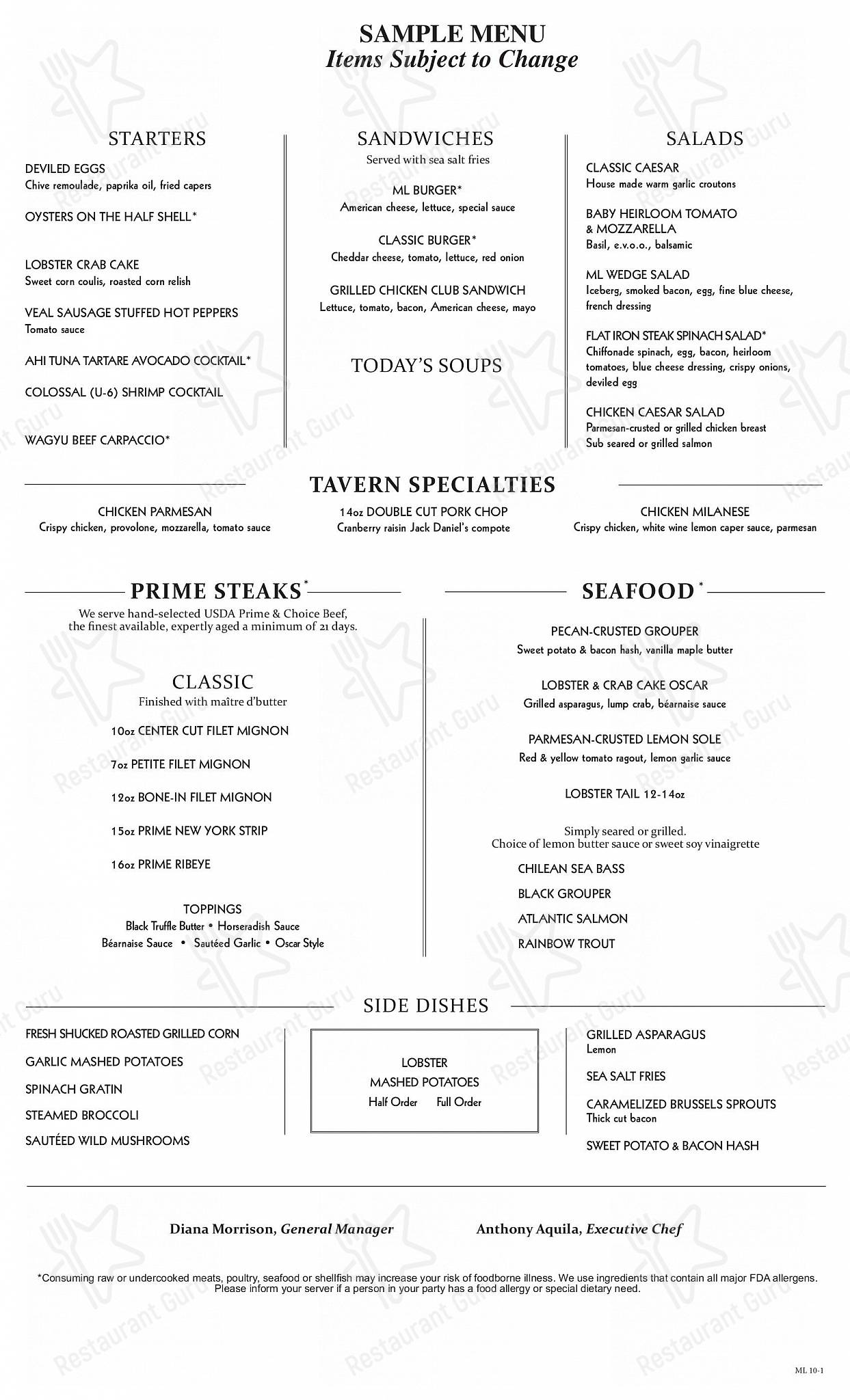 Menu at ML Tavern pub & bar, Moreland Hills
