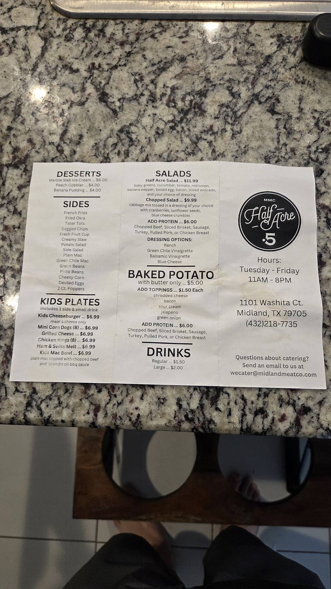 Menu at MMC's The Half Acre BBQ, Midland