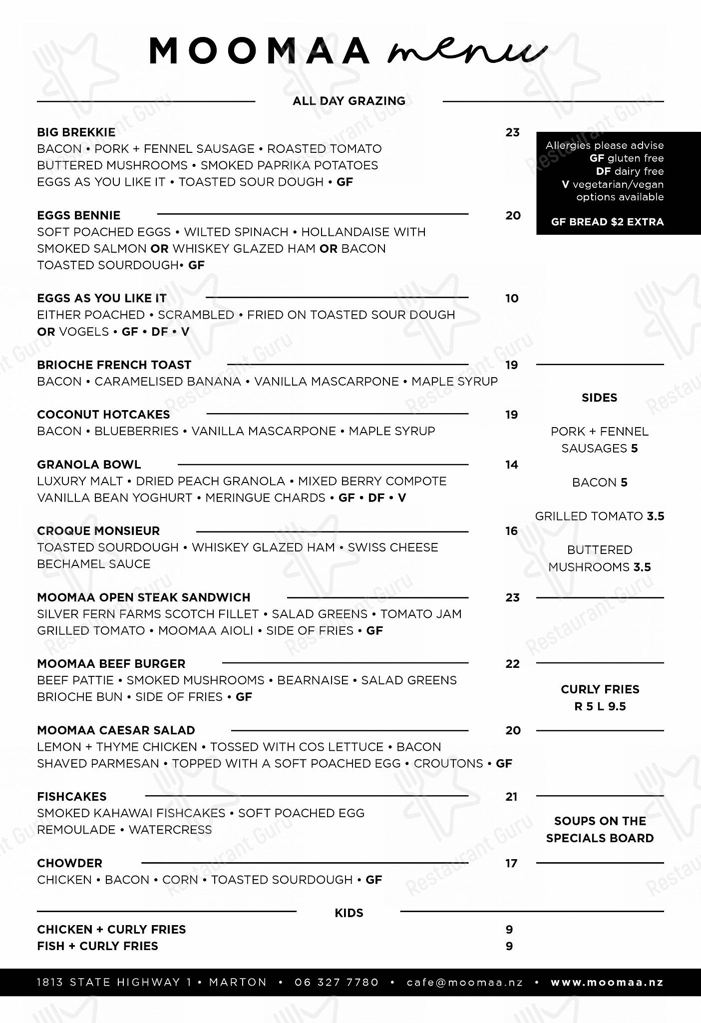 Menu at MOOMAA Cafe • Design Store, Marton