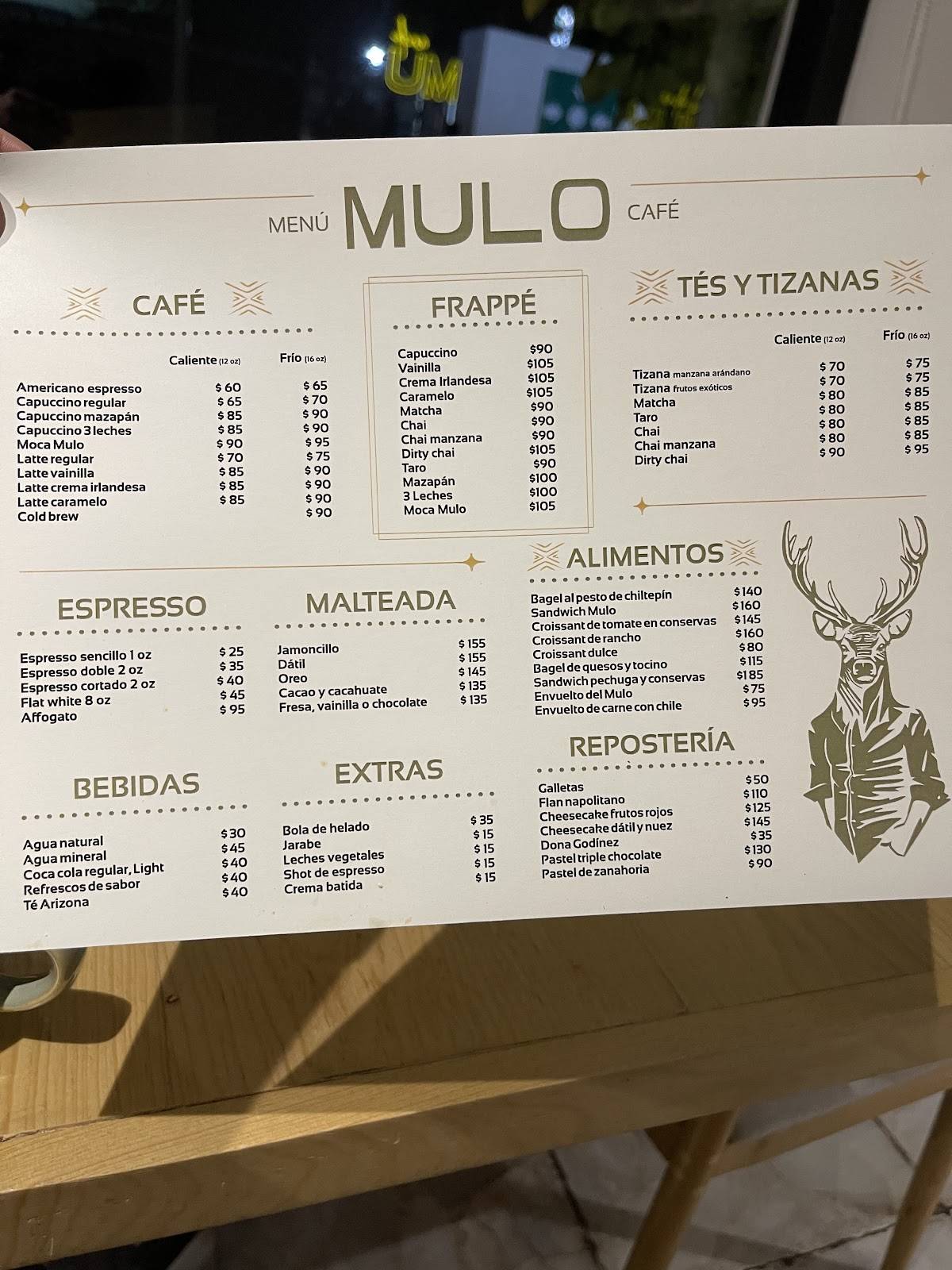 Menu at MULO restaurant, Hermosillo