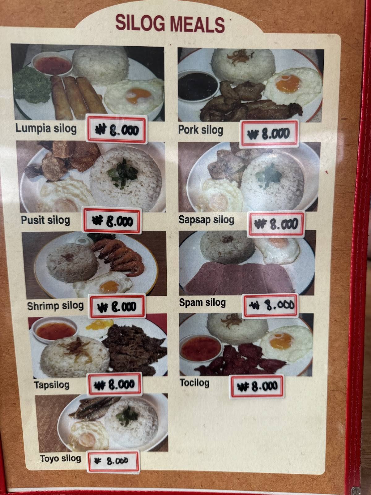 Carta del restaurante Mabuhay, Busan