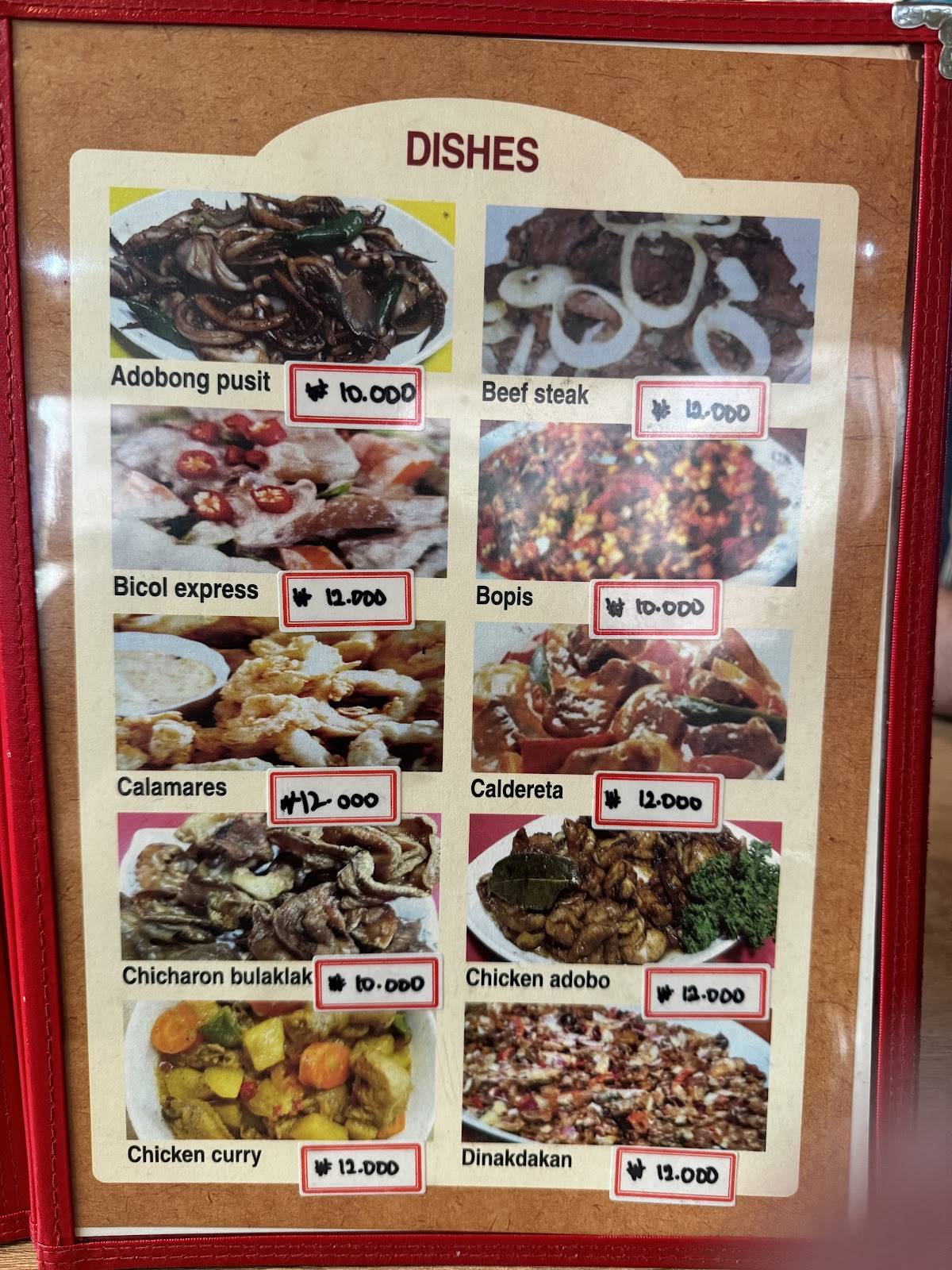 Carta del restaurante Mabuhay, Busan
