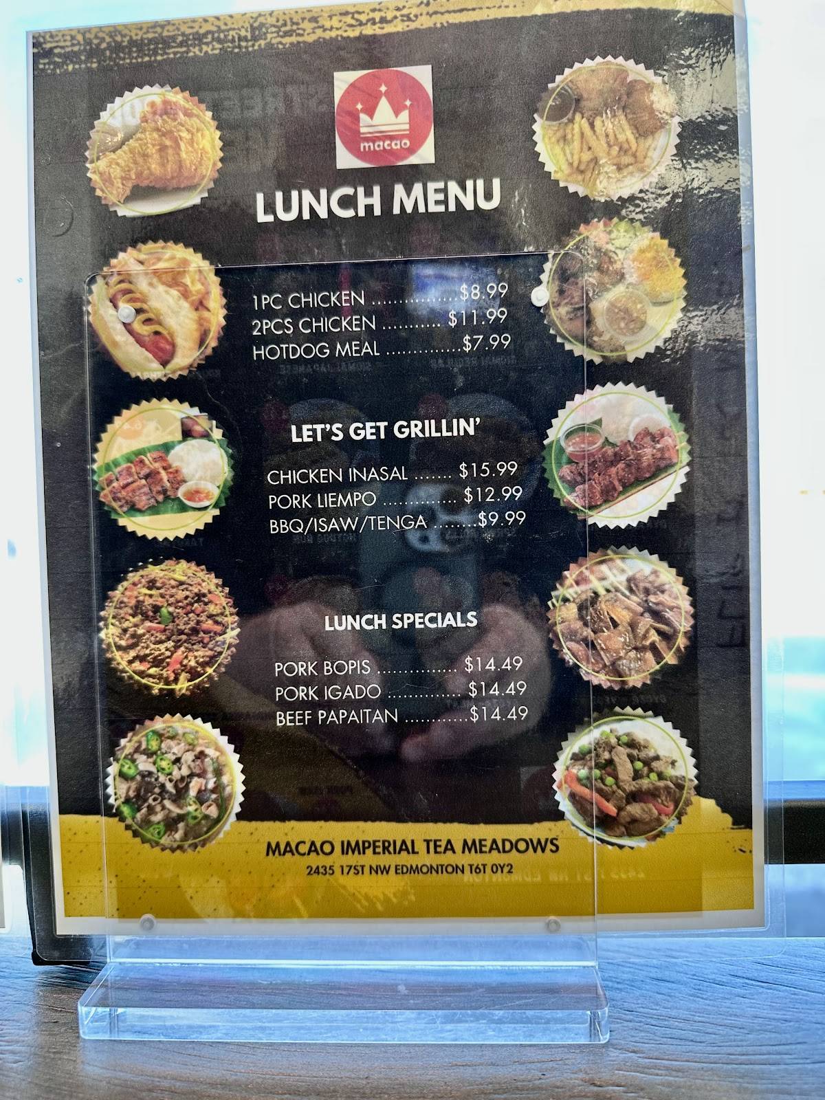 Menu au Macao Imperial Tea Meadows restaurant, Edmonton