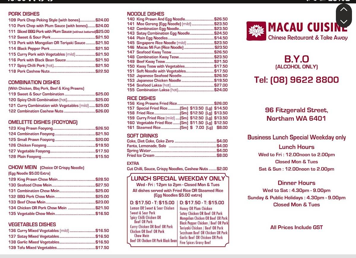 Menu at Macau Cuisine restaurant, Northam