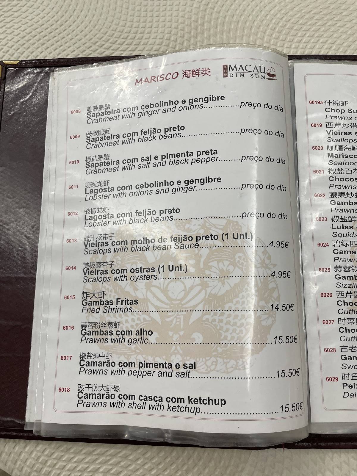 Menu em Macau Dim Sum restaurante, Oeiras