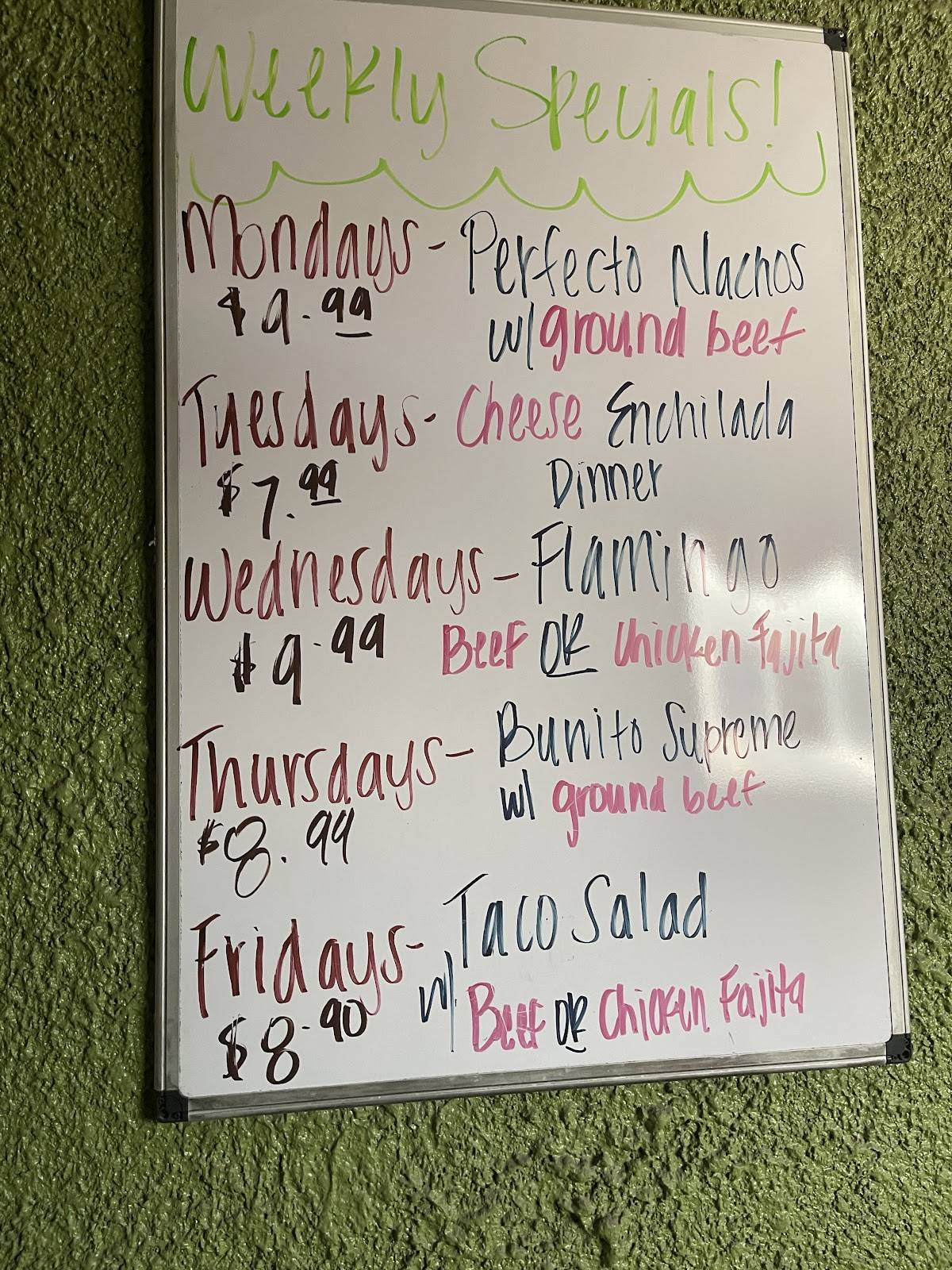 Menu at Macho's Mexican Restaurant, Winnie