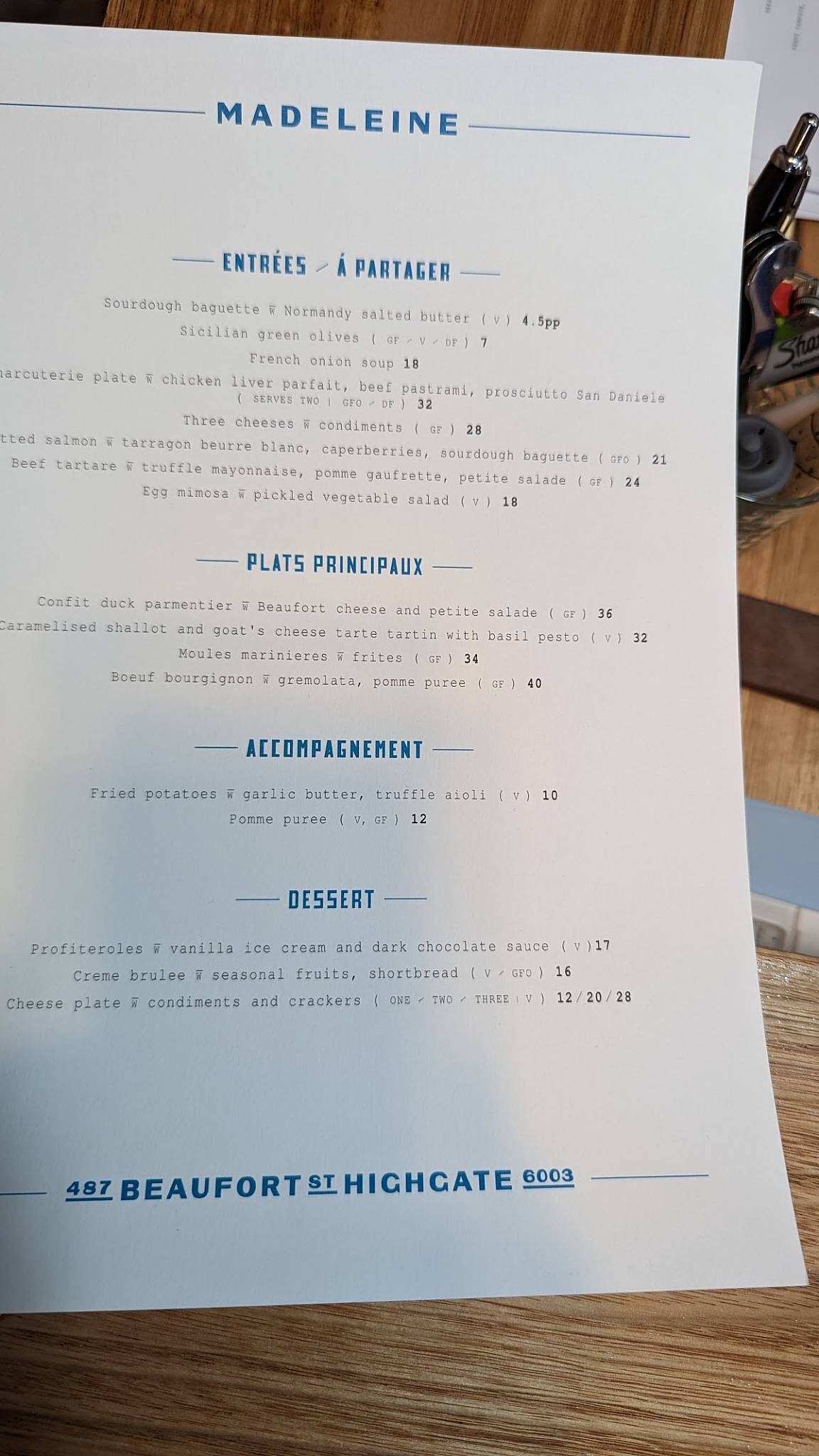 Menu at Madeleine restaurant, Highgate