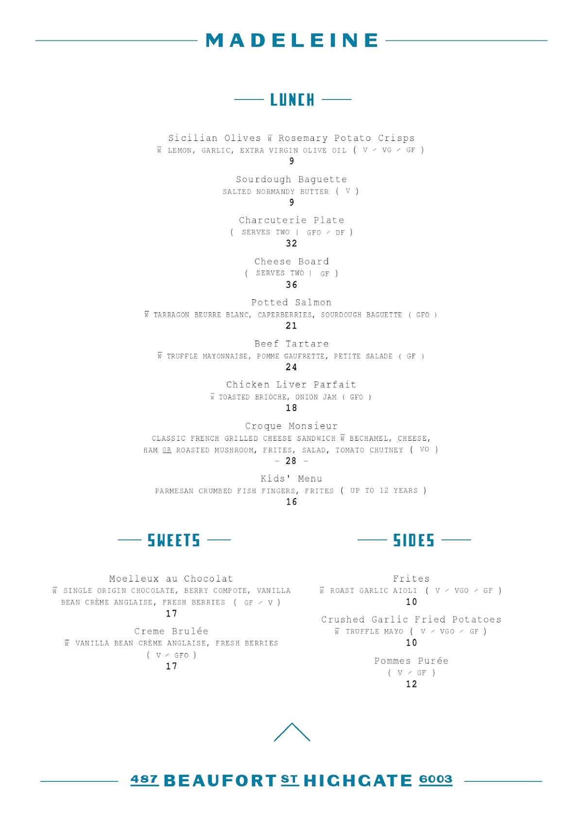 Menu at Madeleine restaurant, Highgate