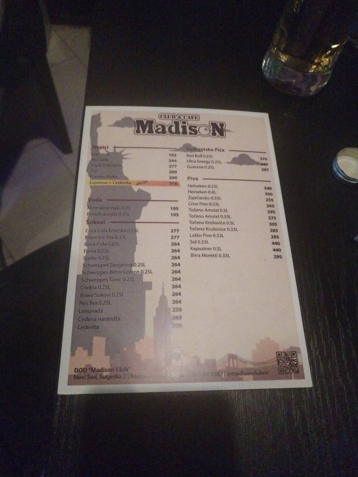 Menu at Madison Club, Novi Sad