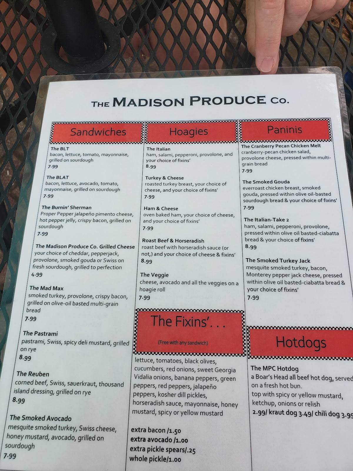 Menu at Madison Produce restaurant, Madison