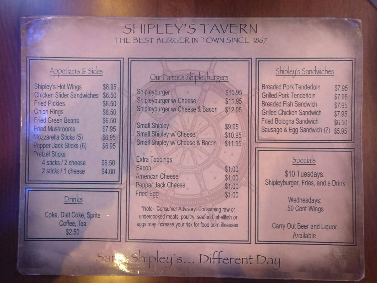 Menu at Shipley's Tavern pub & bar, Madison