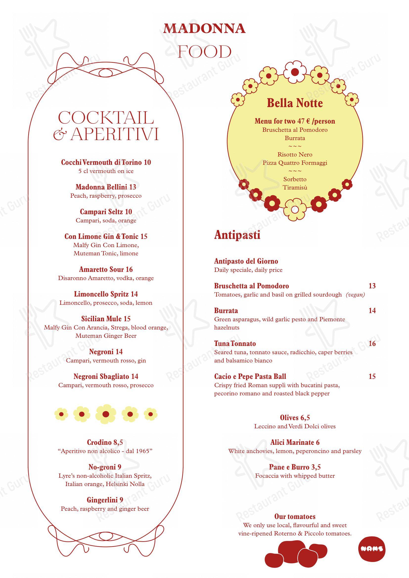 Menu at Madonna restaurant, Helsinki