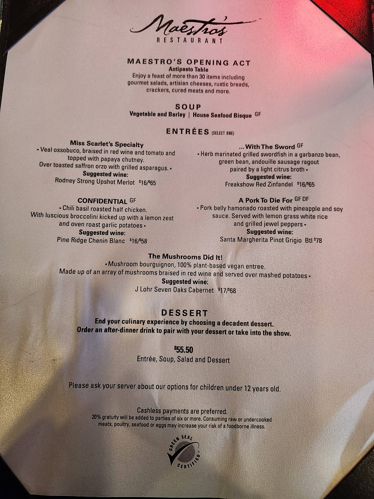 Carta de Maestro's Restaurant, Tampa