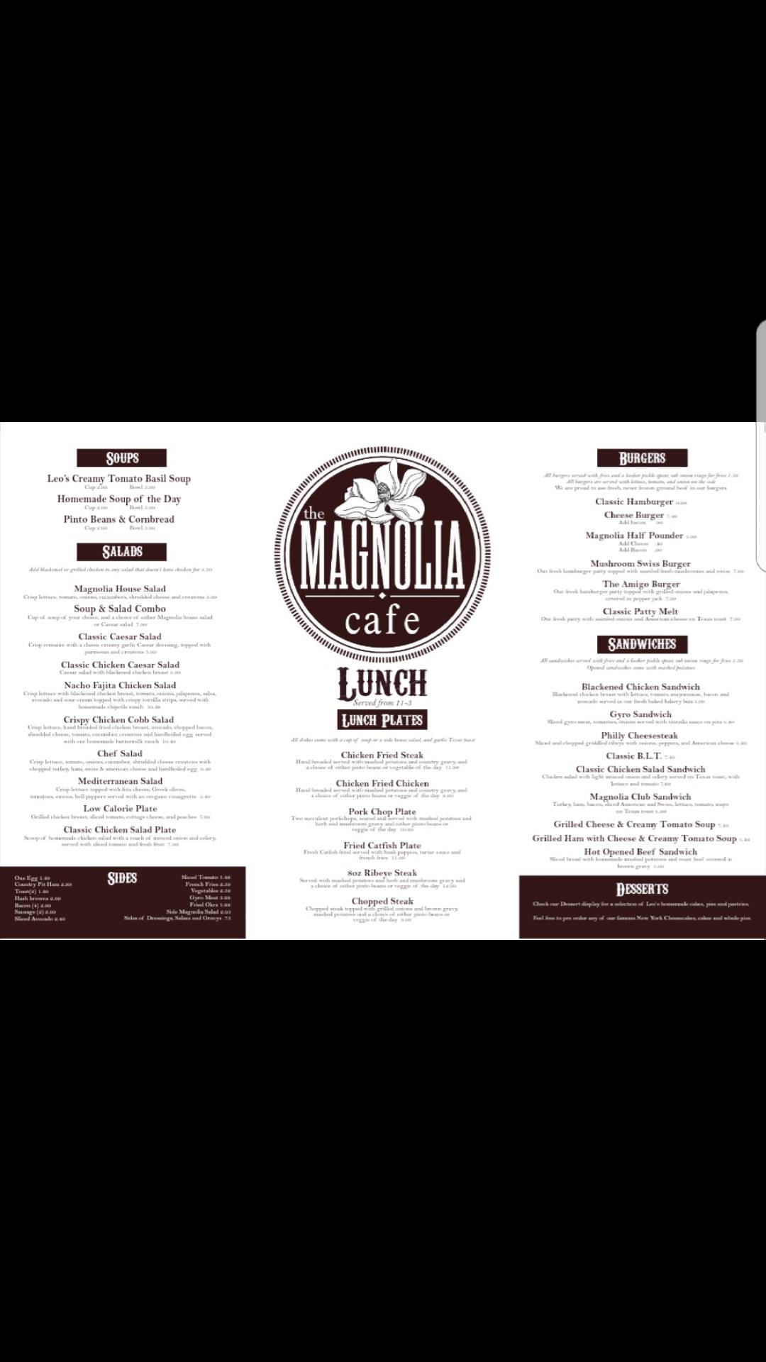 Menu at Magnolia Cafe, Durant