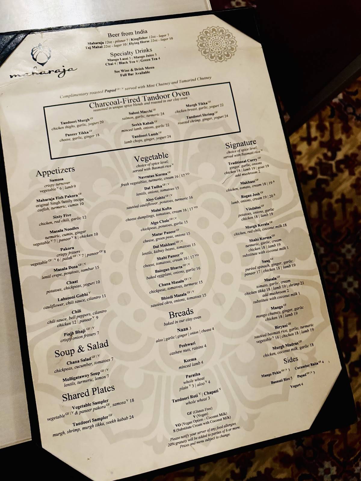 Menu at Maharaja restaurant, Milwaukee, N Farwell Ave