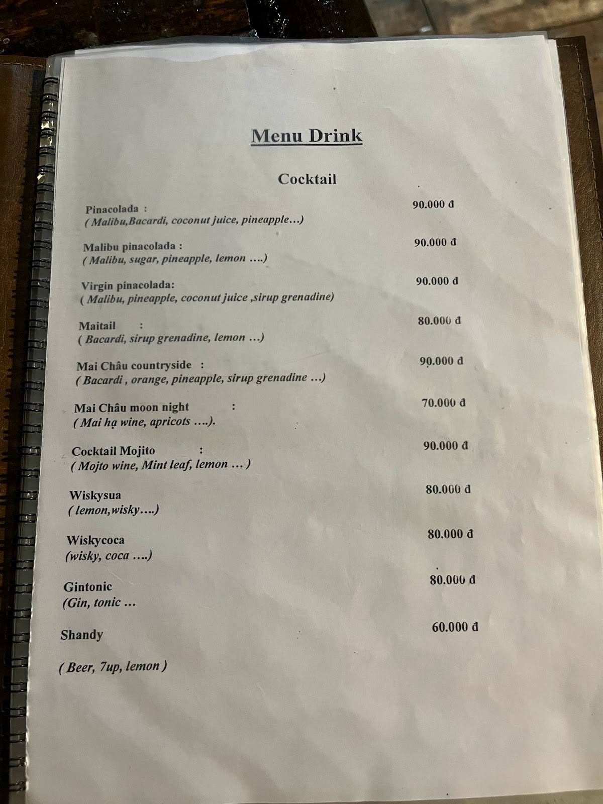 Menu at Mai Chau restaurant Countryside, Vietnam
